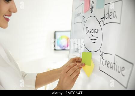 Designer putting note on whiteboard with diagram, closeup Stock Photo ...
