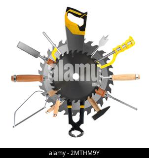 Collage with different modern carpenter's tools on white background ...
