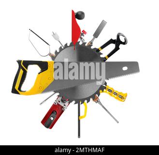 Collage with different modern carpenter's tools on white background ...