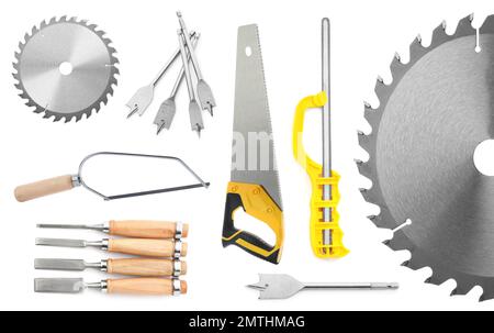 Collage with different modern carpenter's tools on white background ...