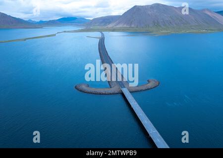 Drone Aerial of Kolgrafafjordur Sword Highway in Iceland Stock Photo ...