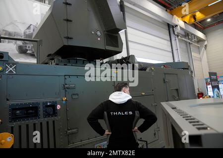 A Thales Ground Master 200 (GM200) radar is displayed during a visit at Thales radar factory by ...