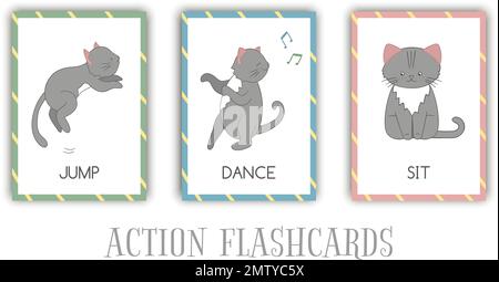 Vector set of actions flash cards with cat. Cute character playing ...