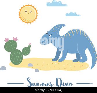 Cute baby dinosaur in desert. Little triceratops on drought landscape ...
