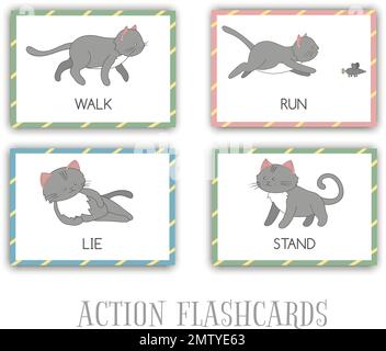 Vector set of actions flash cards with cat. Cute character playing ...