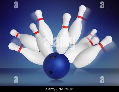 Bowling pins with red stripes and blue bowling ball - path included ...