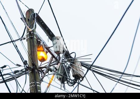 Public lighting pole in a popular neighborhood in the city of Medellin ...