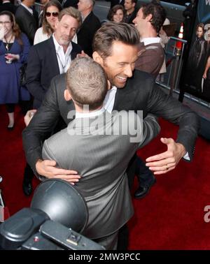 Hugh Jackman and Dominic Monaghan play around at the film premiere of ...