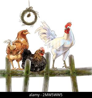 Color illustration Farm with chickens. High quality illustration Stock ...
