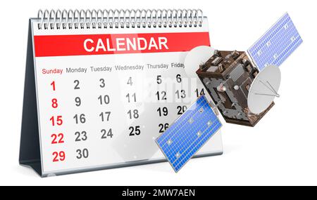 Desk calendar and communication satellite dish with satellite modem. 3D ...