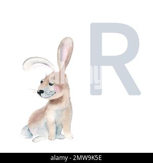 Letter R, rabbit, cute kids animal ABC alphabet. Watercolor ...