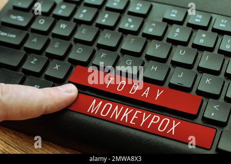 Hand writing sign Monkeypox. Concept meaning poxvirus of Africa caused ...