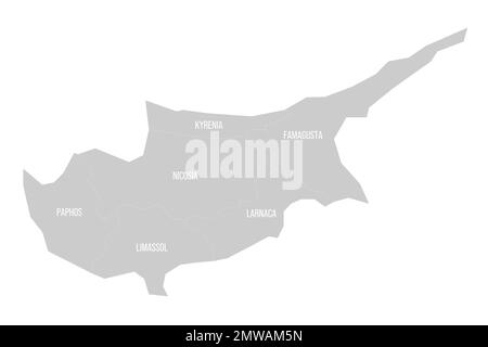 Cyprus political map of administrative divisions - districts. Flat white blank map with thin ...