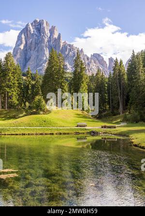 panorama of scenic Val Gardena village ski resort with traditional ...