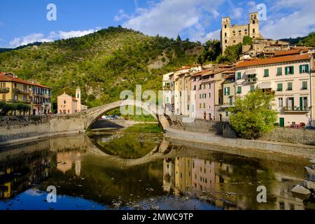 The old Nervia bridge Ponte Vecchio di Dolceacqua and the Castello dei ...