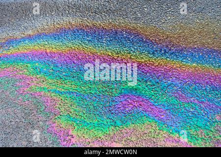 Environmentally harmful traces of oil on an asphalt road, Berlin ...