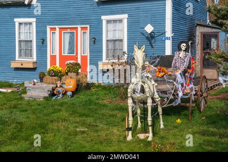 A Halloween skeleton on a buggy near Dipper Harbour, New Brunswick ...