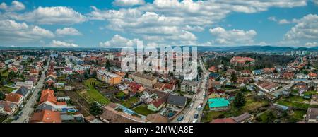 Aerial view of Pezinok (Bazin) medieval castle with restored red roof ...