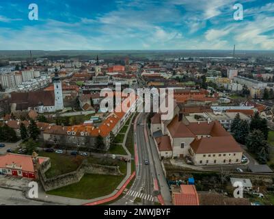 Aerial view of Pezinok (Bazin) medieval castle with restored red roof ...