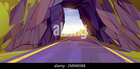 Cartoon road going through tunnel in mountain. Vector illustration of ...