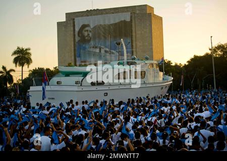Cuban students and Granma yacht at military parade in Havana, Cuba for ...