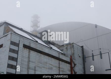 A view of a new shelter installed over the the exploded reactor at the ...