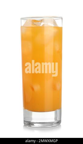 Glass of orange juice with ice block on wooden background Stock Photo ...