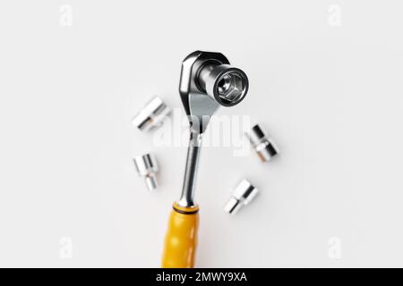 3D illustration of a ratchet wrench in cartoon style on a white ...