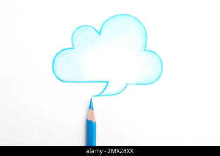 Drawing of cloud and light blue pencil on white background, top view ...