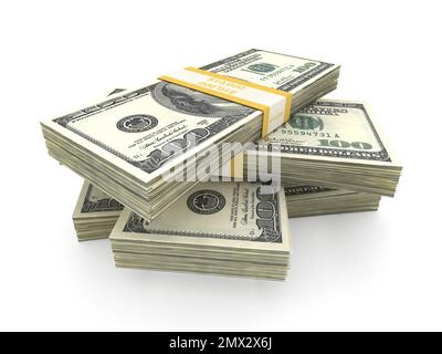 100 dollar bills forming money pile isolated on white background. 3D ...