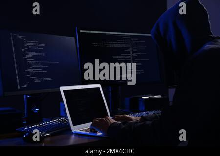 Hacker with computers in dark room. Cyber crime Stock Photo - Alamy