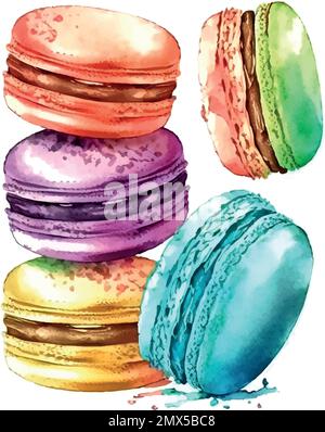 Watercolor image of blue macaroon decorated with bright pink daisy ...