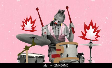 Poster. Contemporary art collage. Drummer performing on set with ...