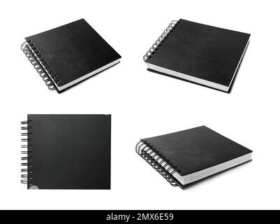 Group of stylish notebooks with stationery on white background Stock ...