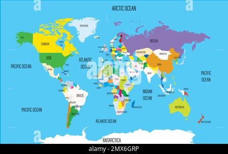 World map with names of countries and oceans. Travel agency concept ...