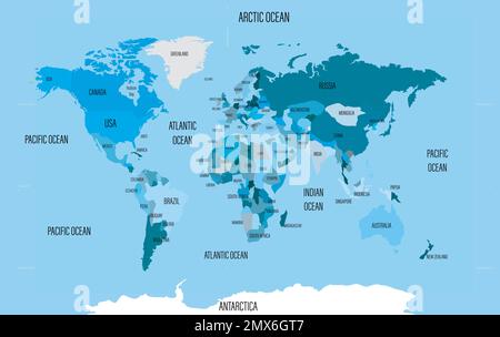 World map with names of countries and oceans. Travel agency concept ...