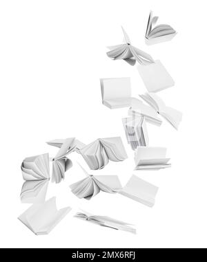 Many hardcover books flying on white background Stock Photo - Alamy