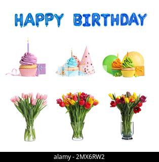 Set of different birthday items on white background Stock Photo - Alamy