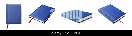 Different blue notebooks isolated on white background Stock Photo - Alamy