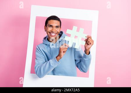 Photo cadre of young positive popular business coach man hold paper ...