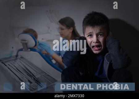 Odontophobia concept. Scared little boy and dentist's instruments Stock ...