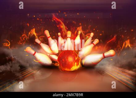 Bowling ball bouncing pins. Successful hit - strike Stock Photo - Alamy