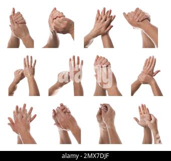 Collage of people washing hands with soap on white background, closeup ...