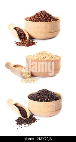 Set with different types of quinoa on white background Stock Photo - Alamy