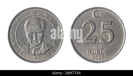 Both sides of the 25 Turkish kuruş coin (2014) with bust of Mustafa ...