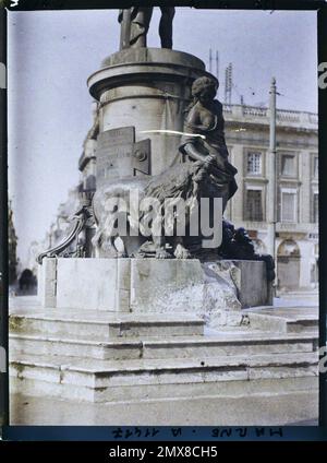 Reims, Marne, Champagne, France Base of the statue of Louis of the ...