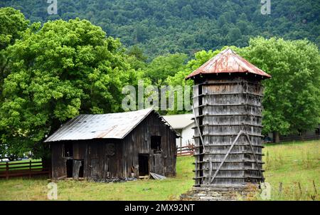 Old, wooden, octagon shaped silo has rusting tin roof. Barn stands ...