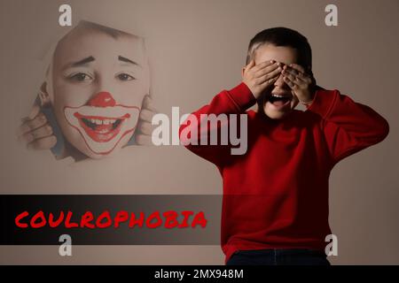 Coulrophobia concept. Scared little boy and phantom of clown Stock ...
