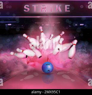 Bowling ball bouncing pins. Successful hit - strike Stock Photo - Alamy