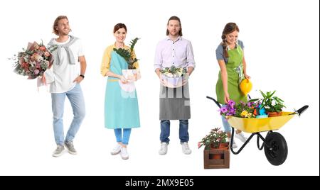 Collage of florists with plants on white background Stock Photo - Alamy
